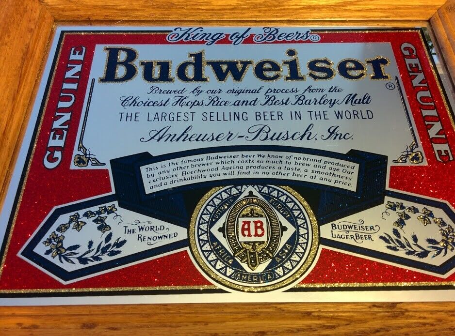 VINTAGE Wood Frame Bar Mirror Sparkle Glitter BUDWEISER King of Beers ...