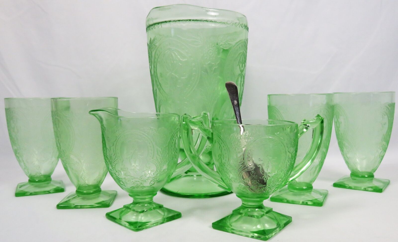 Indiana Uranium Glass Pitcher/Tumbler Set Horseshoe Green Depression ...