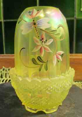 Fenton art glass topaz fairy lamp light hand painted dragonfly Vaseline ...