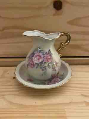 Beautiful Vintage Lefton China Hand Painted Flowers Pitcher & Bowl Set ...