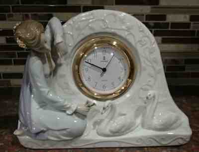 Lladro 5777 "Swan Clock" quartz mantel clock girl with 2 swans - GOOD ...