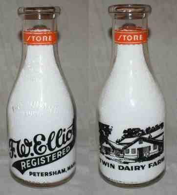 Vintage 2 Color FW Elliott Milk Bottle - Petersham Massachusetts - 1 ...