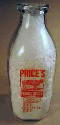 Vintage Prices Dairy Hazleton PA Red Label Glass Milk Bottle Quart Cow ...