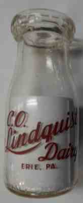 C.O. Lindquist Dairy Half Pint Milk Bottle Erie PA / Clear Glass w/ Red ...