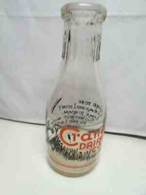 VTG. 1 Quart Milk Bottle~Ribbed Neck Painted Crane Dairy, Utica NY~Bird ...