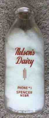 NELSONS NELSONâ??s DAIRY MILK GLASS BOTTLE ONE QUART SPENCER NEBRASKA ...