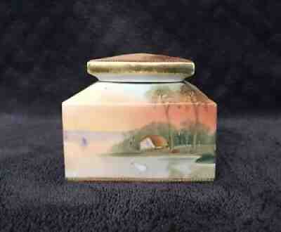 Antique Nippon Japan Morimura Cottage Scene Painted Porcelain Inkwell