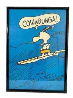 SNOOPY SURF VINTAGE RARE POSTER COWABUNGA" Schultz 20 X 28 Framed Paper ...