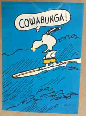 Vintage Peanuts Poster Snoopy Surfing COWABUNGA Schultz 1971 - Sold for ...