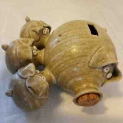 Vtg Studio Art Pottery PIG Piggy Bank Stoneware signed Attaway mom w ...