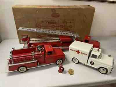1961 TONKA B-225 FIRE DEPT 3 Piece Set No.5 PRESSED STEEL TOY TRUCK ...